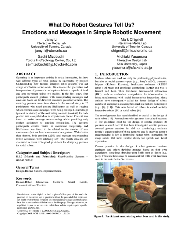 (PDF) Interpreting Robot Gestures in Social Contexts