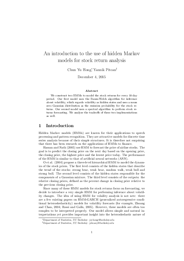 Pdf An Introduction To The Use Of Hidden Markov Models For Stock Return Analysis