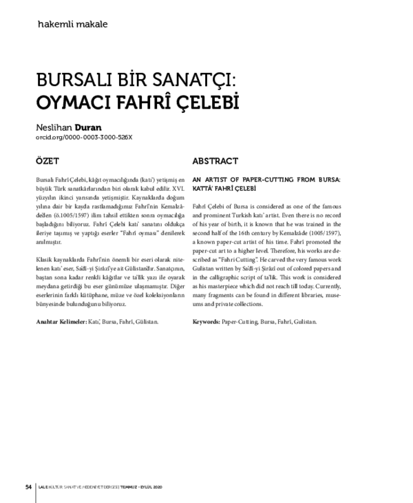 (PDF) Bursali Bi̇r Sanatçi: Oymaci Fahrî Çelebi̇