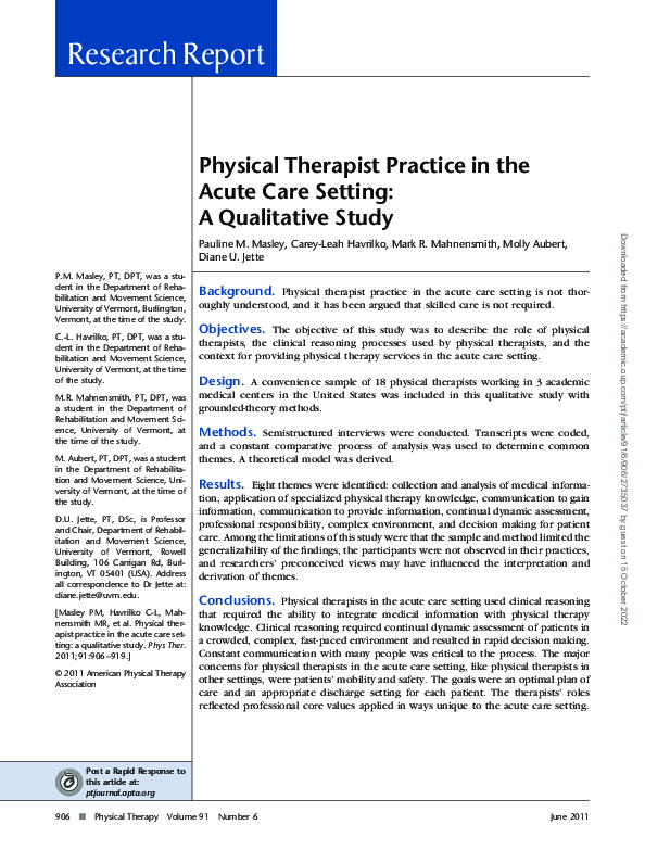 (PDF) Physical Therapist Practice in the Acute Care Setting: A ...