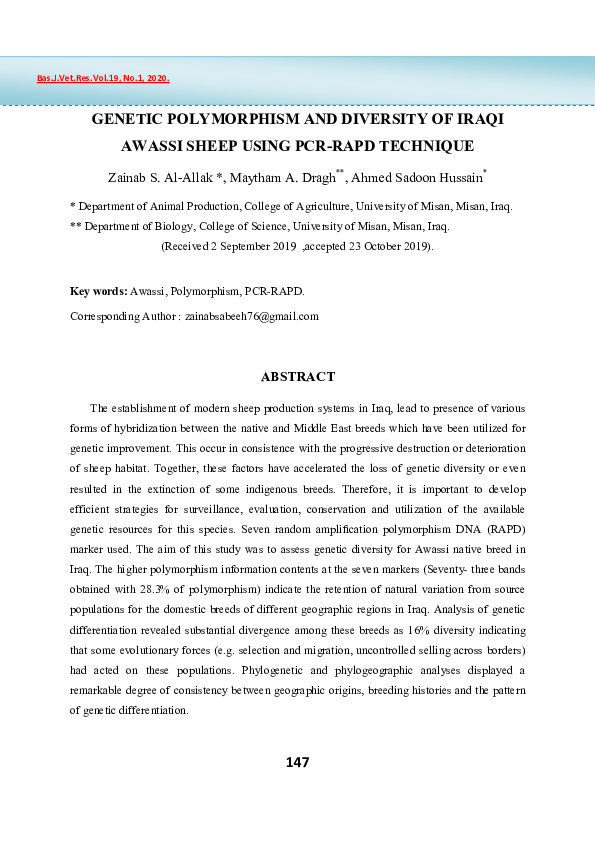 (PDF) Genetic Polymorphism and Diversity of Iraqi Awassi Sheep Using PCR-Rapd Technique