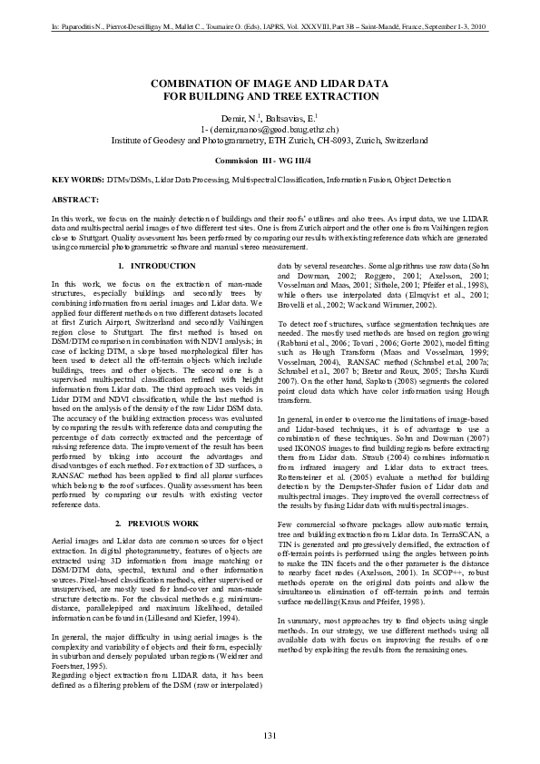 Pdf Combination Of Image And Lidar Data For Building And Tree Extraction