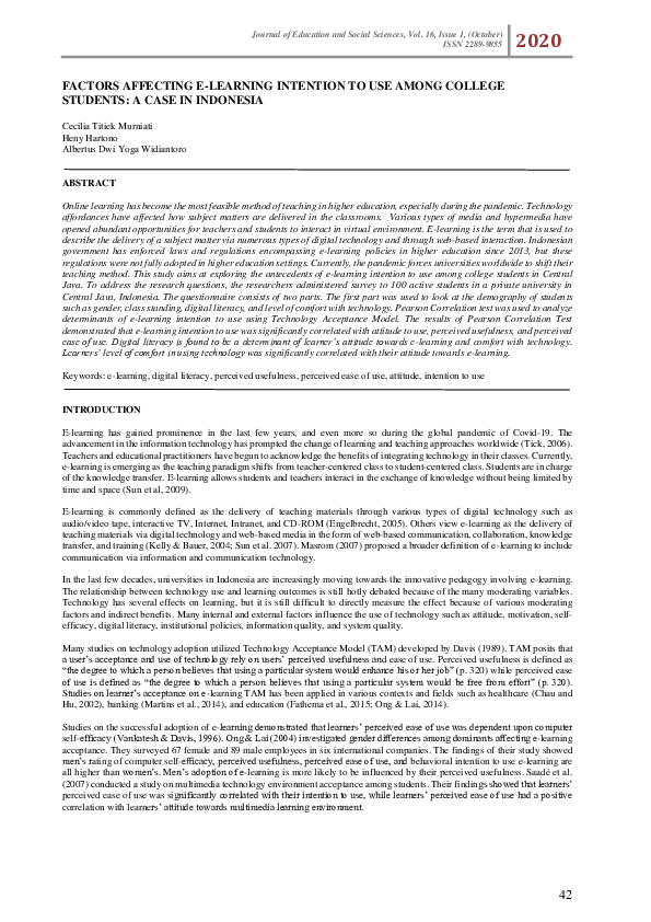 (PDF) Factors Affecting E-Learning Intention to Use Among College ...
