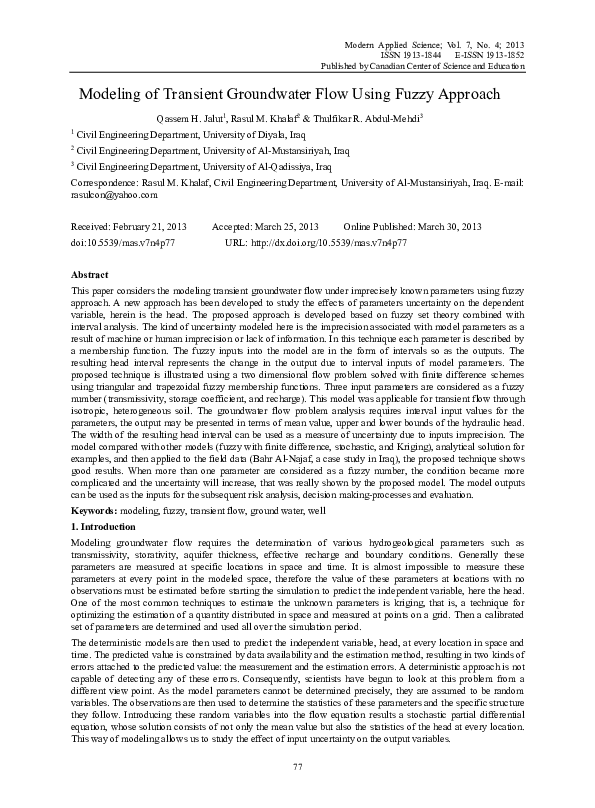 Pdf Modeling Of Transient Groundwater Flow Using Fuzzy Approach