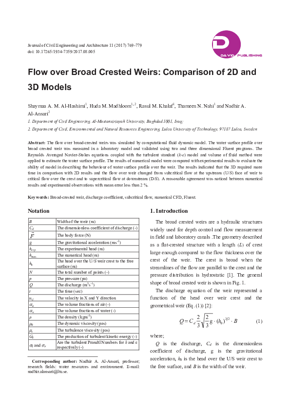 (PDF) Flow over Broad Crested Weirs: Comparison of 2D and 3D Models