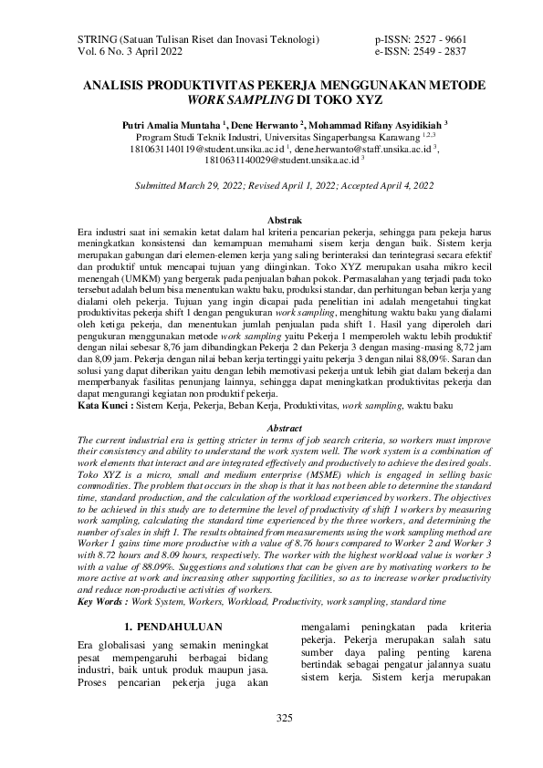 (PDF) Analisis Produktivitas Pekerja Menggunakan Metode Work Sampling di Toko XYZ