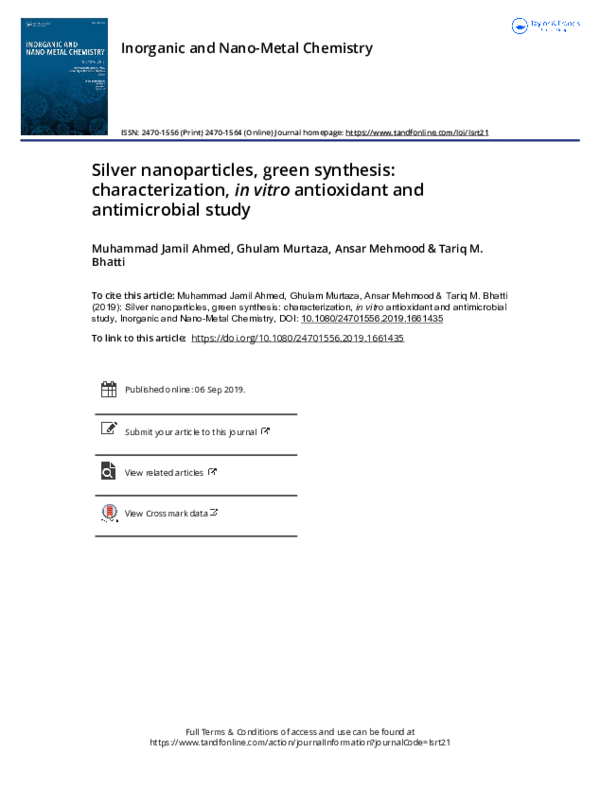 (PDF) Silver nanoparticles, green synthesis: characterization, in vitro antioxidant and ...