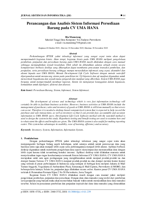 (PDF) Analisis dan Perancangan Sistem Informasi Penjualan dan Persediaan pada PT. Xyz