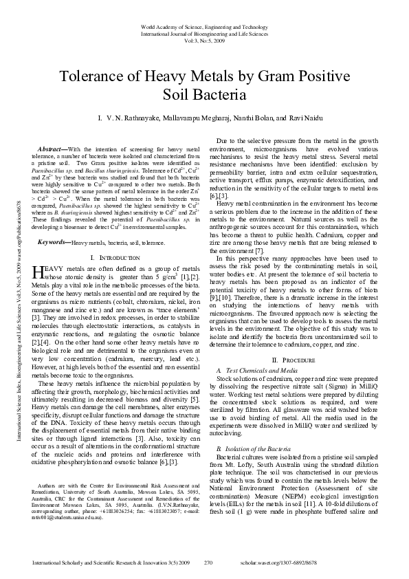 (PDF) Tolerance Of Heavy Metals By Gram Positive Soil Bacteria