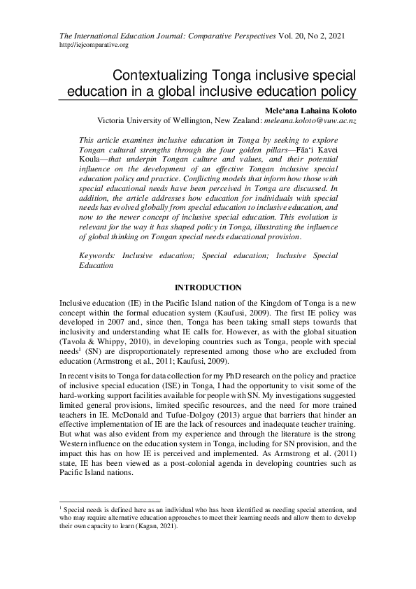 (PDF) Contextualising Tonga inclusive special education policy in a global inclusive education ...