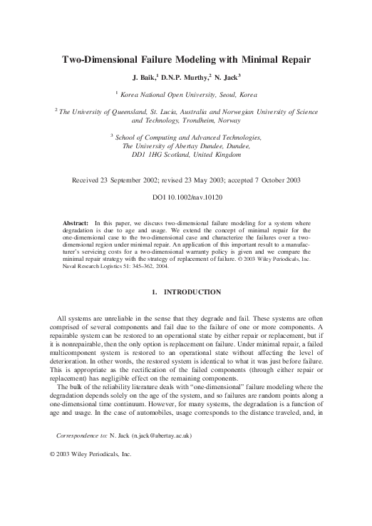 (PDF) Two-dimensional failure modeling with minimal repair | Jaiwook Baik - Academia.edu