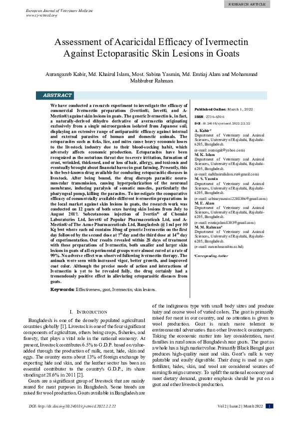 (PDF) Assessment of Acaricidal Efficacy of Ivermectin Against ...