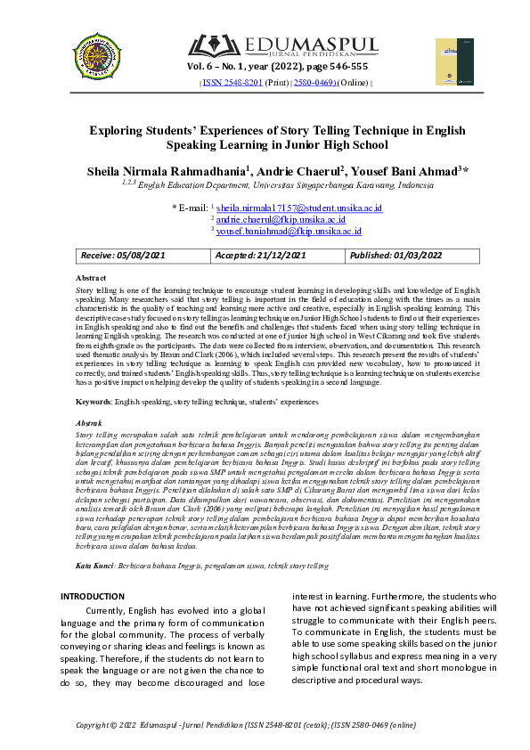 (PDF) Exploring Students’ Experiences of Story Telling Technique in ...