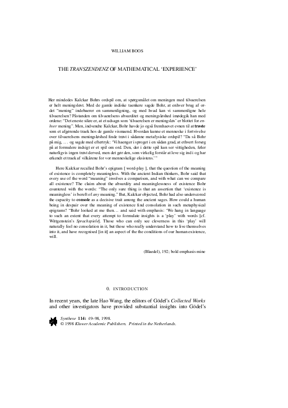 (PDF) The Transzendenz of Mathematical ‘Experience’