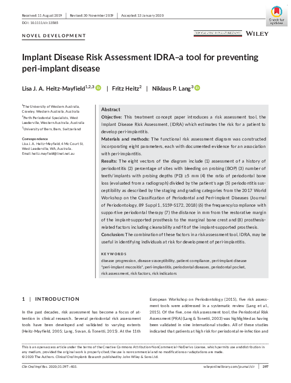 (PDF) Implant Disease Risk Assessment IDRA–a tool for preventing peri‐implant disease