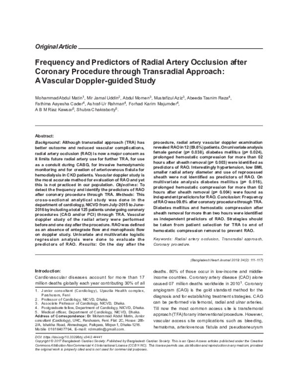 (PDF) Frequency and Predictors of Radial Artery Occlusion after ...