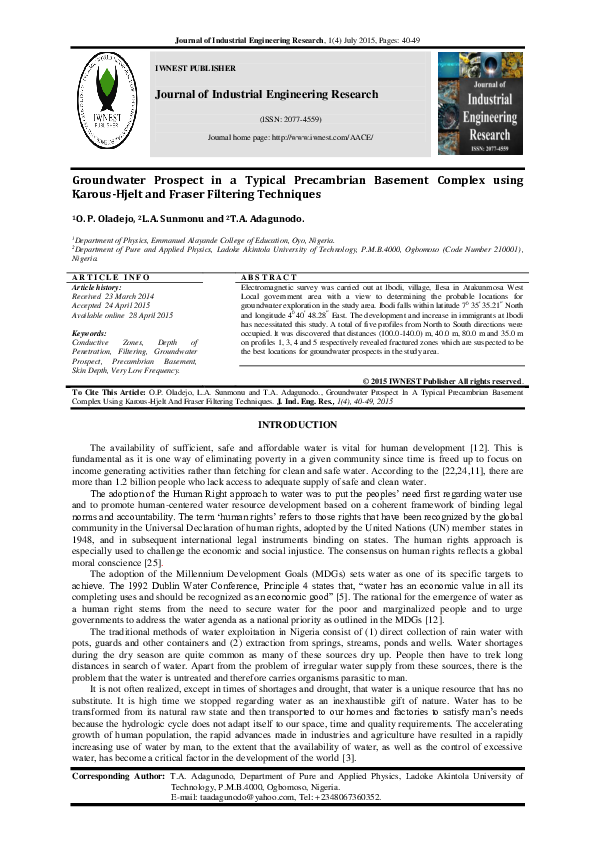 (PDF) Groundwater Prospect in a Typical Precambrian Basement Complex ...