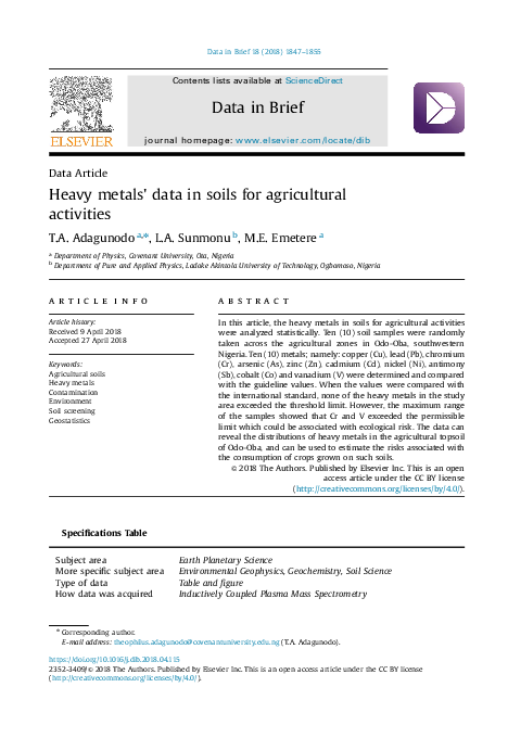(PDF) Heavy metals' data in soils for agricultural activities