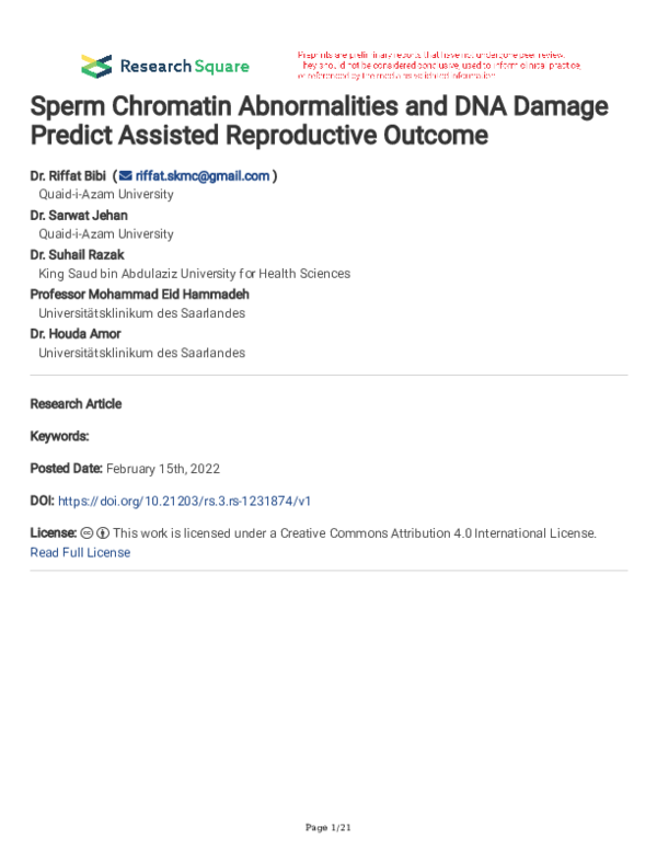 (PDF) Sperm Chromatin Abnormalities and DNA Damage Predict Assisted ...