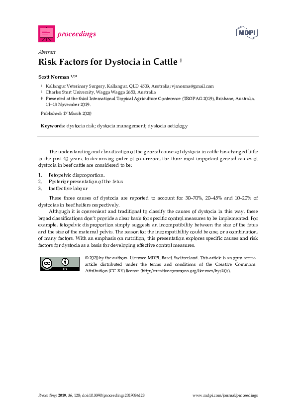 Pdf Risk Factors For Dystocia In Cattle