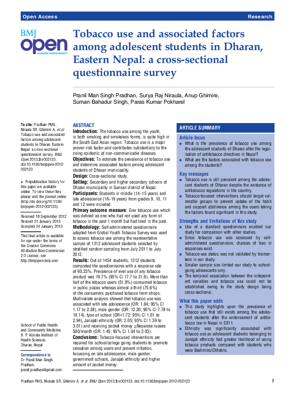 (PDF) Tobacco use and associated factors among adolescent students in ...