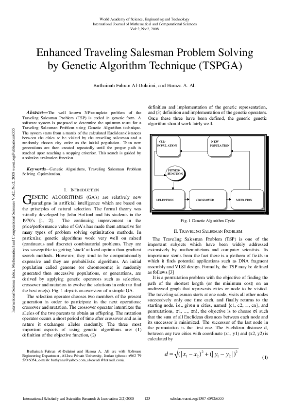 Pdf Enhanced Traveling Salesman Problem Solving By Genetic Algorithm Technique Tspga Hamza