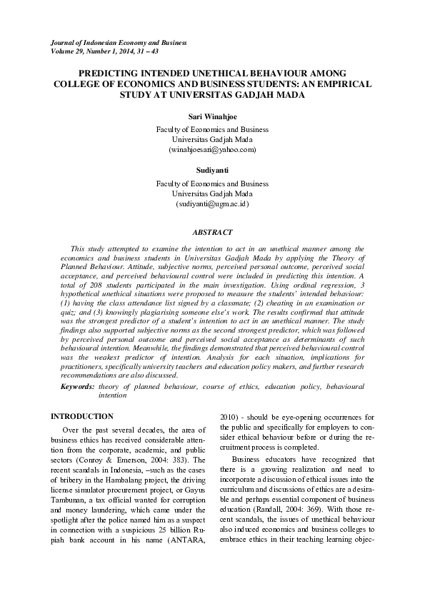 (PDF) Predicting Intended Unethical Behaviour Among College of Economics and Business Students ...