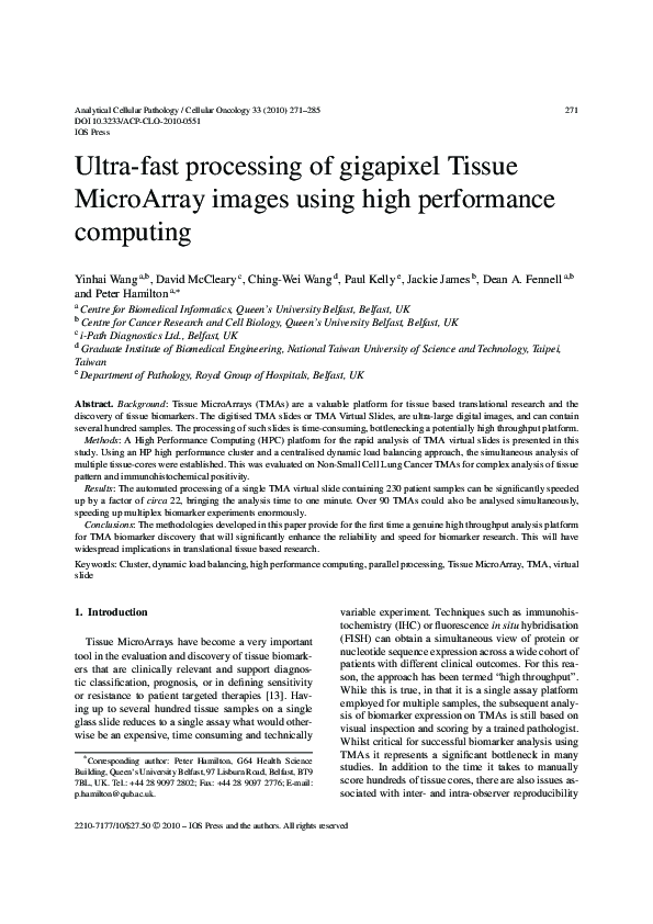 (PDF) Ultra-fast processing of gigapixel Tissue MicroArray images using High Performance Computing