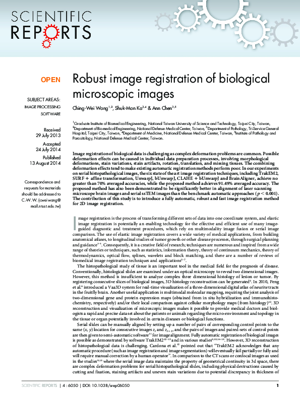 (PDF) Robust image registration of biological microscopic images | Ching-wei Wang - Academia.edu