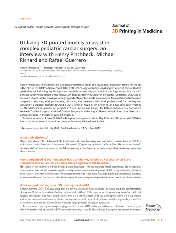 (PDF) Utilizing 3D printed models to assist in complex pediatric ...