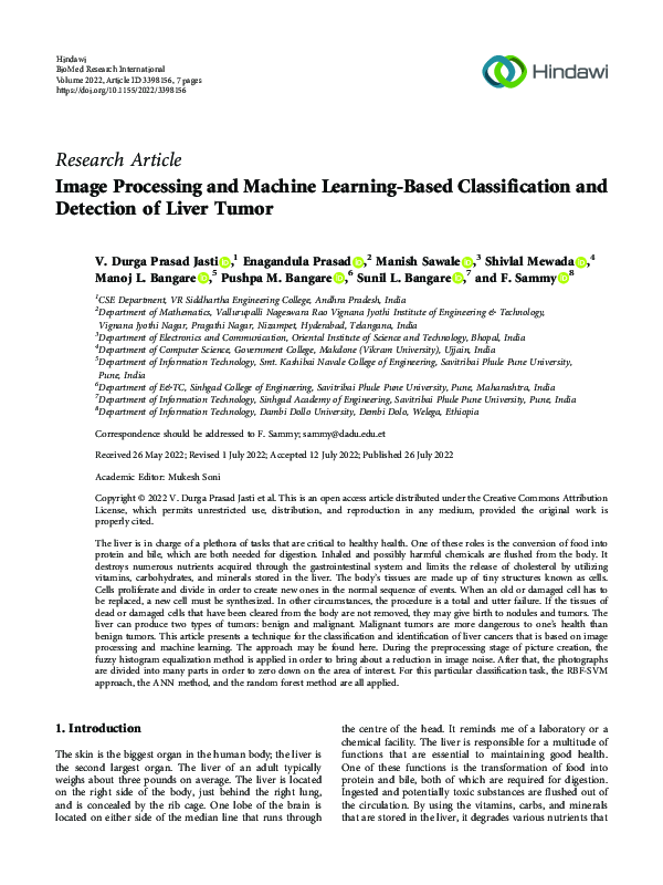 (PDF) Image Processing and Machine Learning-Based Classification and Detection of Liver Tumor