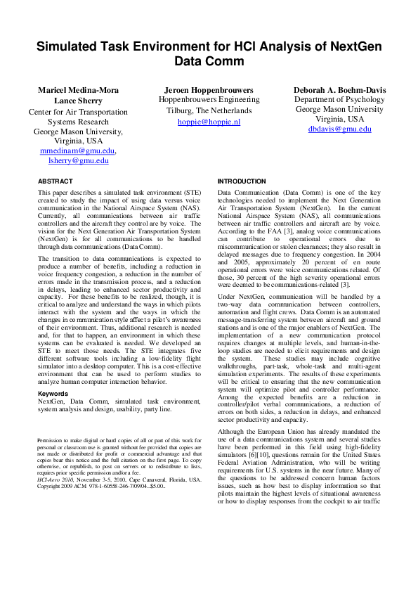 (PDF) Simulated Task Environment for HCI Analysis of NextGen Data Comm