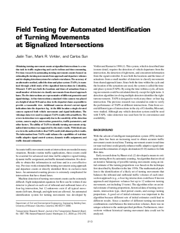 (PDF) Field Testing for Automated Identification of Turning Movements ...