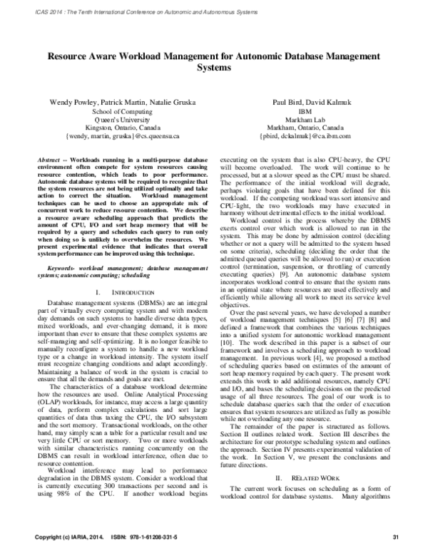 (PDF) Resource Aware Workload Management for Autonomic Database Management Systems