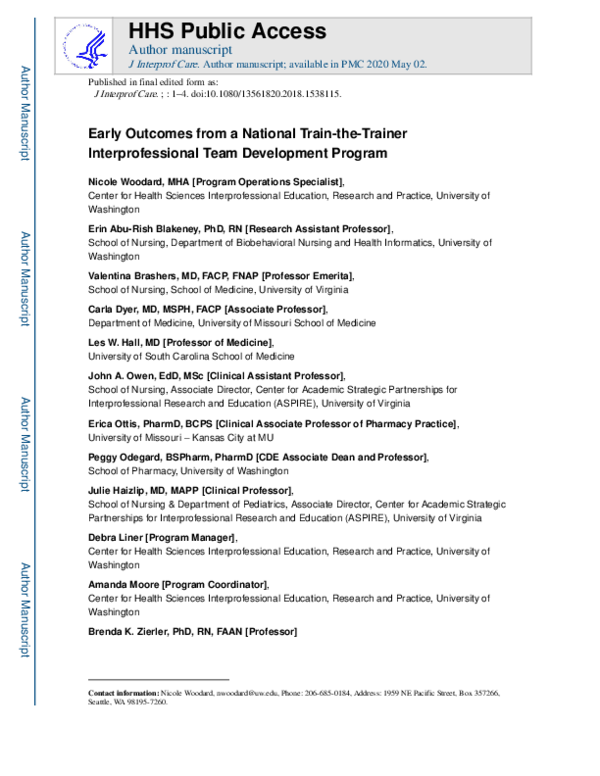 (PDF) Early outcomes from a national Train-the-Trainer Interprofessional Team Development Program
