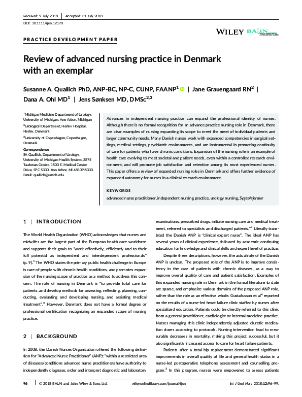 (PDF) Review of advanced nursing practice in Denmark with an exemplar
