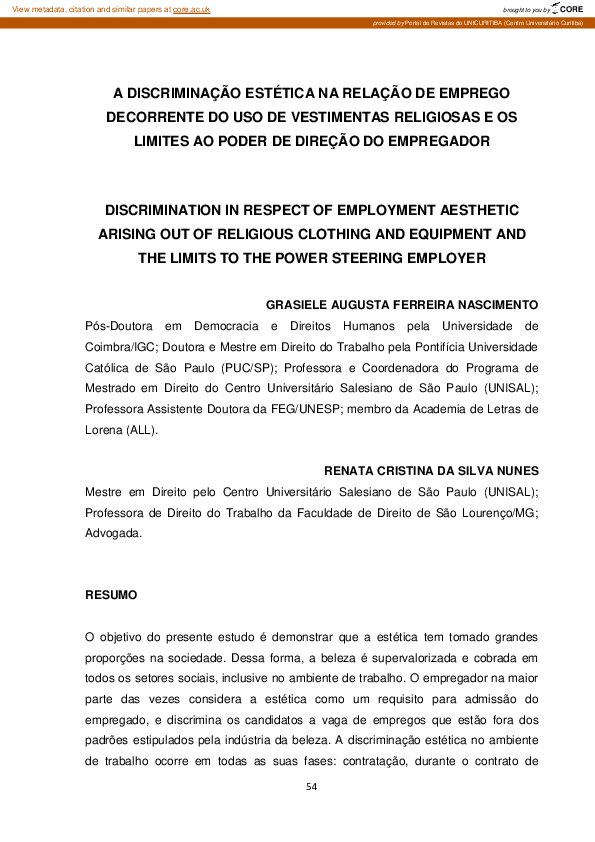 (PDF) A Discriminação Estética Na Relação De Emprego Decorrente Do Uso ...