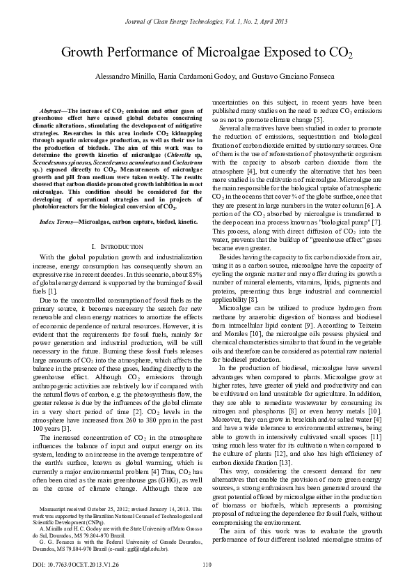 (PDF) Growth Performance of Microalgae Exposed to CO2