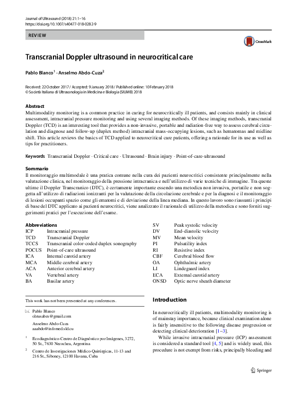 (PDF) Transcranial Doppler ultrasound in neurocritical care