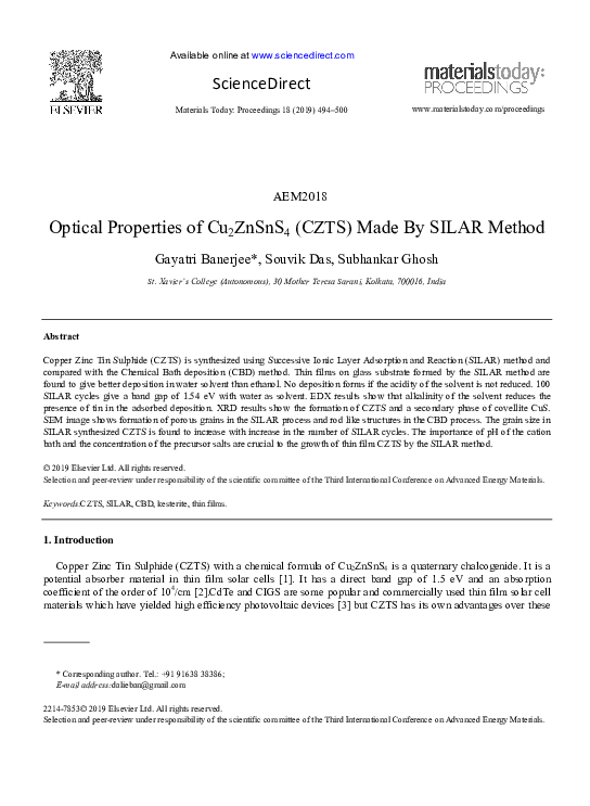 (PDF) Optical Properties of Cu2ZnSnS4 (CZTS) Made By SILAR Method (PDF) Optical Properties of Cu2ZnSnS4 (CZTS) Made By SILAR Method