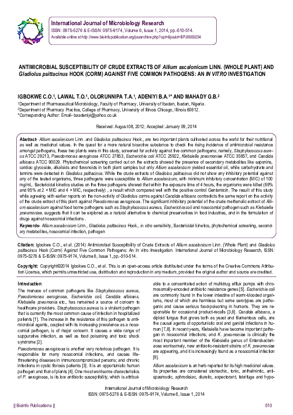 (PDF) ANTIMICROBIAL SUSCEPTIBILITY OF CRUDE EXTRACTS OF Allium ...