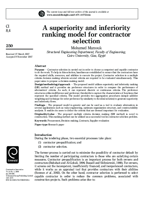 (PDF) A superiority and inferiority ranking model for contractor selection