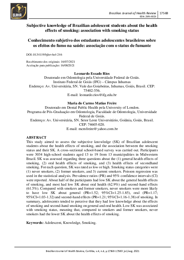 (PDF) Subjective knowledge of Brazilian adolescent students about the ...