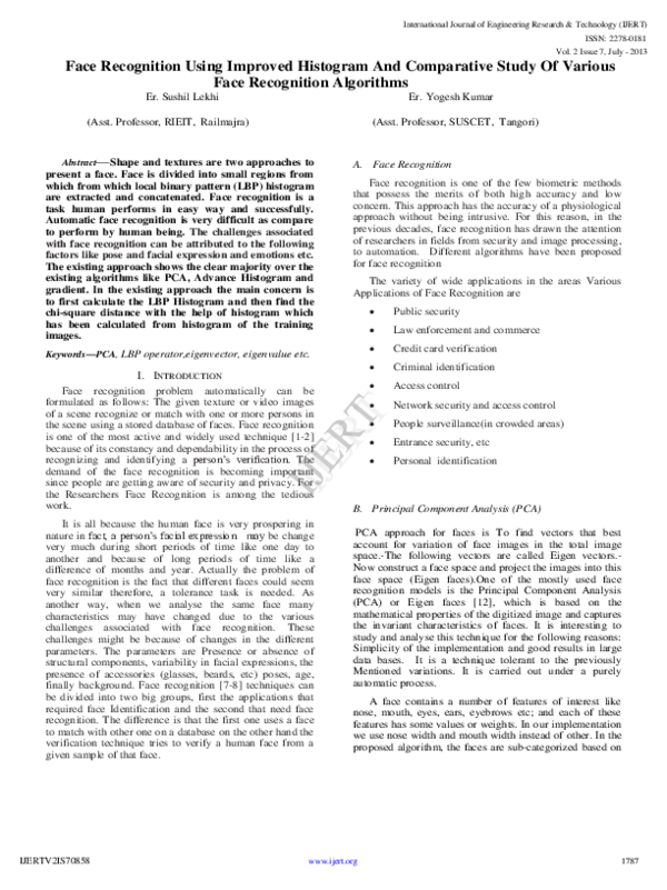 (PDF) Face Recognition Using Improved Histogram And Comparative Study Of Various Face ...
