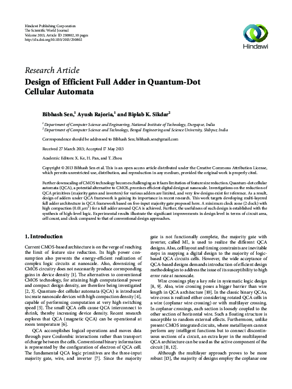 (PDF) Design of Efficient Full Adder in Quantum-Dot Cellular Automata