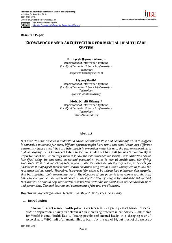 (PDF) Knowledge Based Architecture for Mental Health Care System