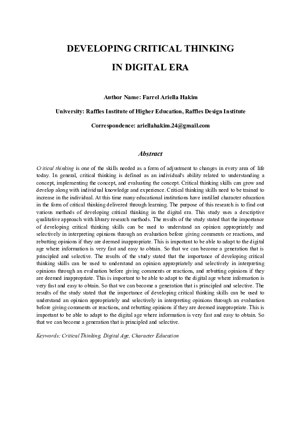(DOC) Developing Critical Thinking in Digital Era