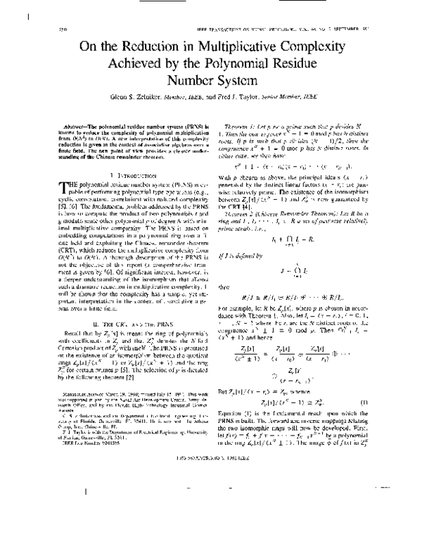(PDF) On the reduction in multiplicative complexity achieved by the polynomial residue number system
