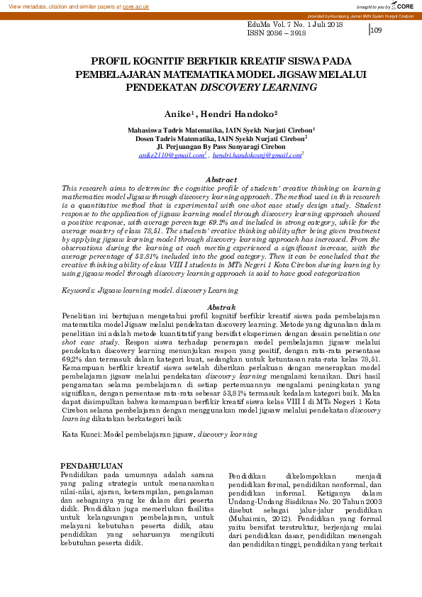(PDF) Profil Kognitif Berfikir Kreatif Siswa Pada Pembelajaran Matematika Model Jigsaw Melalui ...