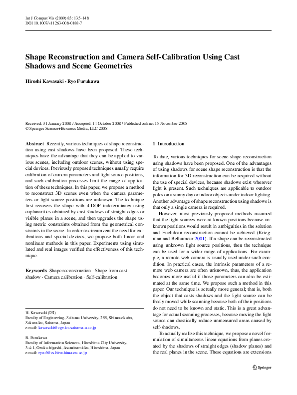 (PDF) Shape Reconstruction and Camera Self-Calibration Using Cast Shadows and Scene Geometries